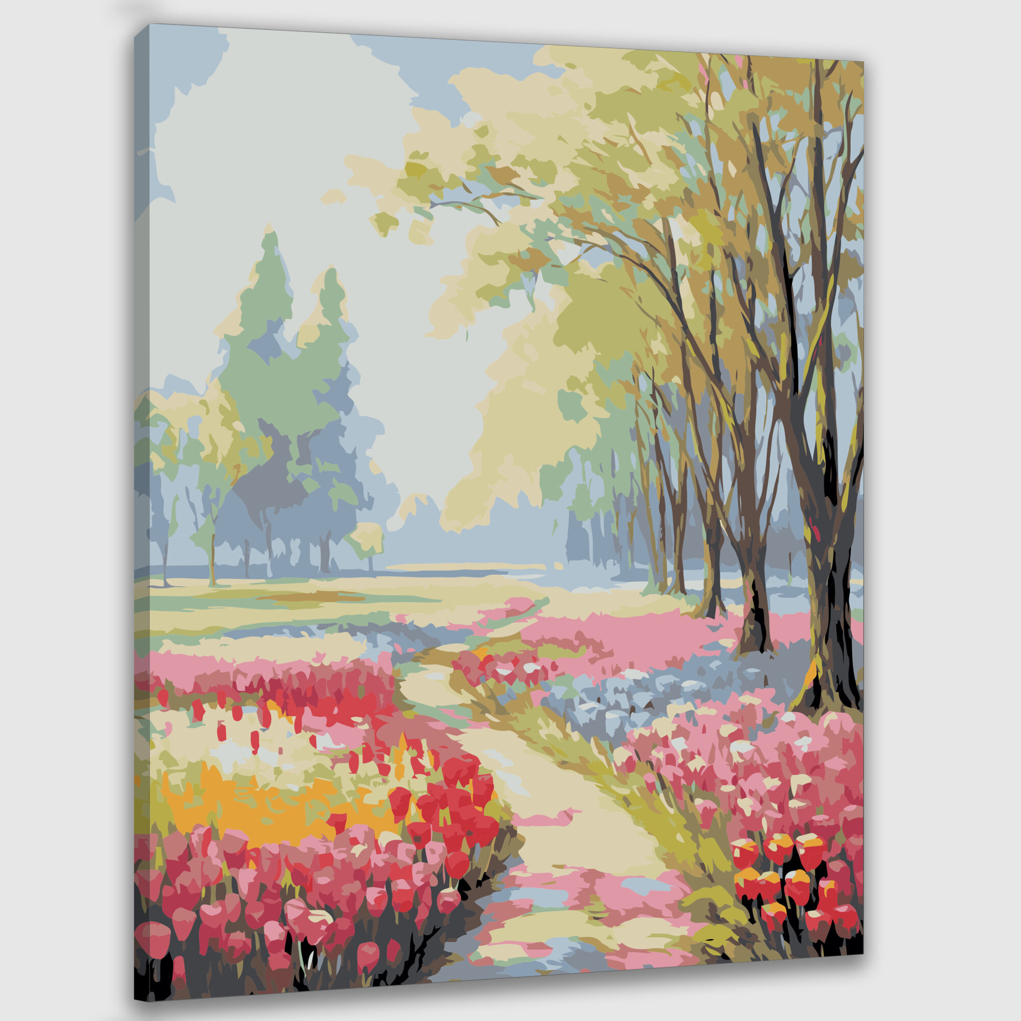 Картина по номерам 40x50 см, картина, масло, импрессионизм, весна, пейзаж, дорожка, поле тюльпанов, цвет, оттенки, дубы