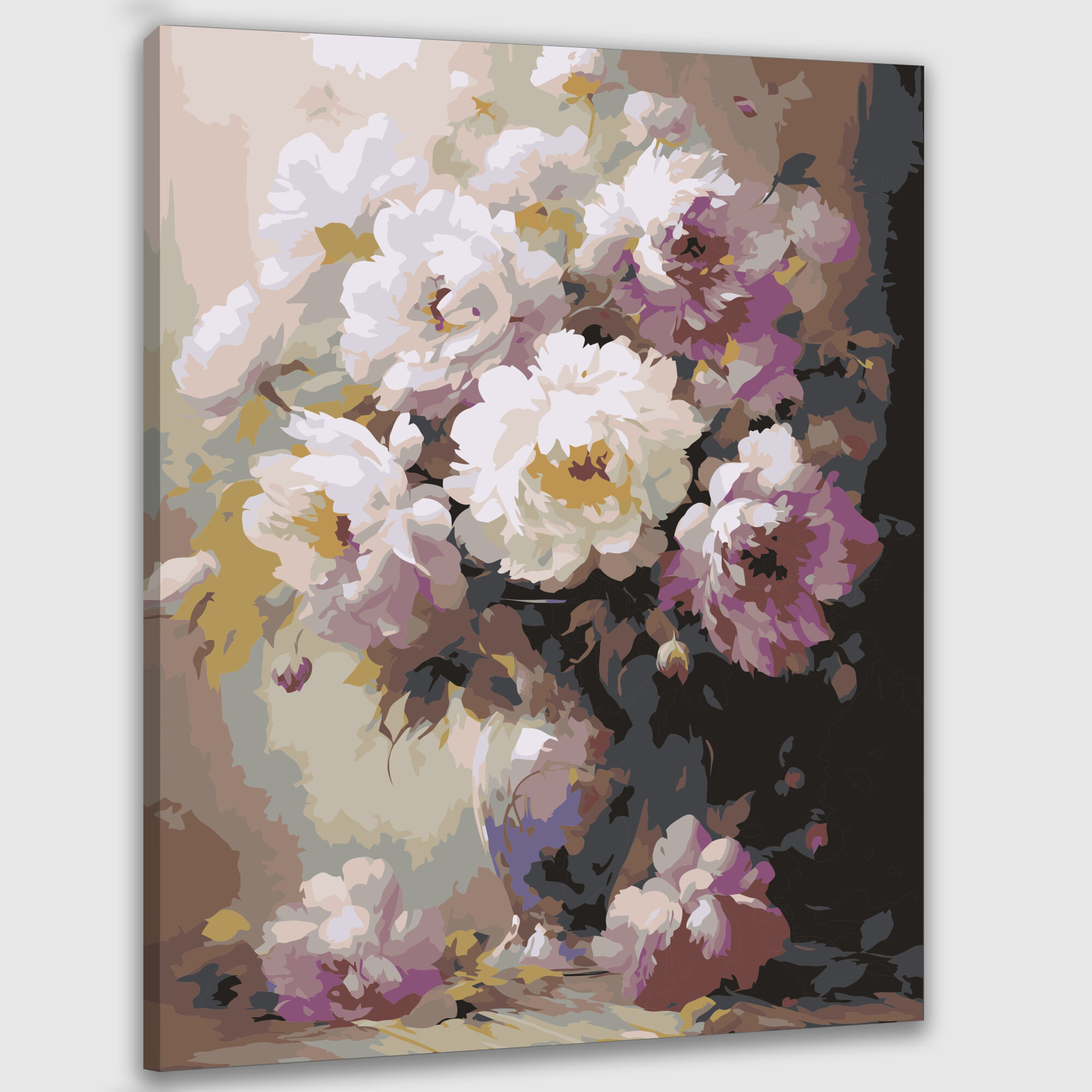 Картина по номерам 40x50 см, картина маслом, пионы, яркие цветы, розовый, белый, пурпурный, лепестки, фарфоровая ваза