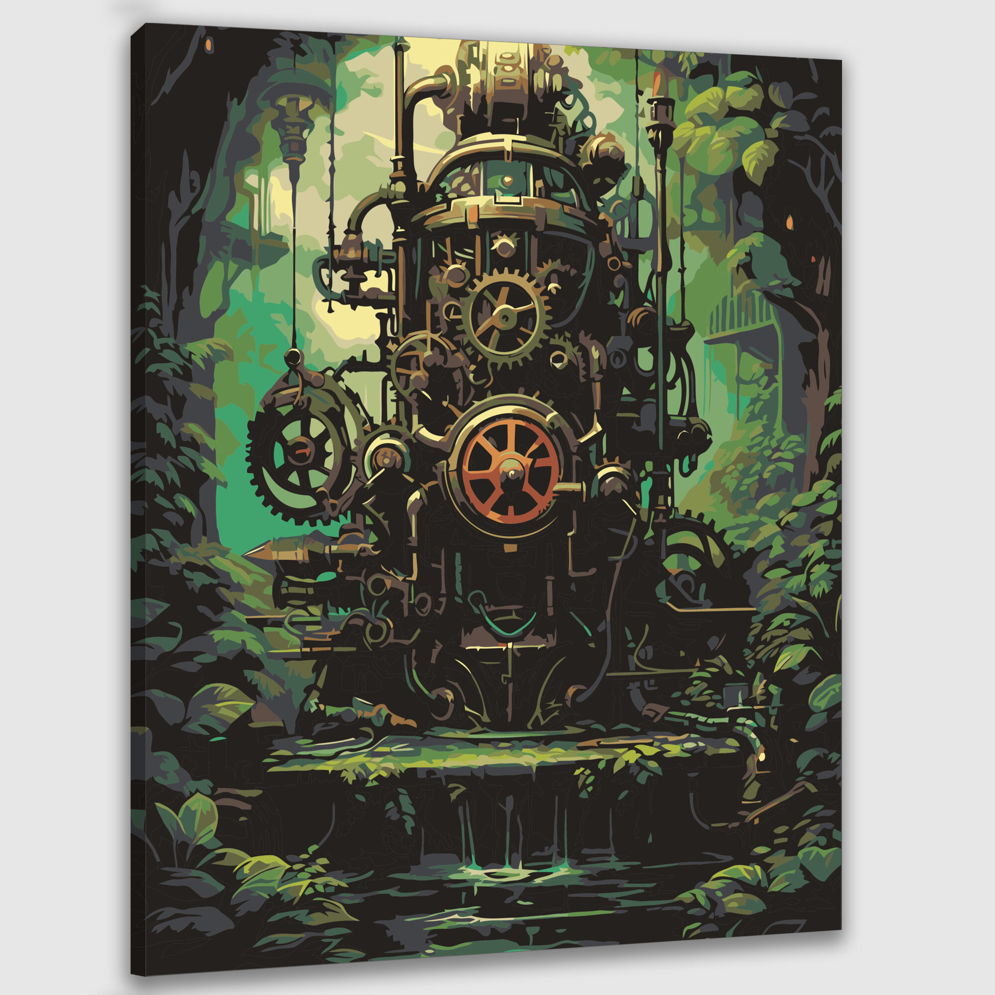 Картина по номерам 40x50 см, картина, цифровая, фантастическая машина, стимпанк, пышный зеленый ландшафт, шестеренки