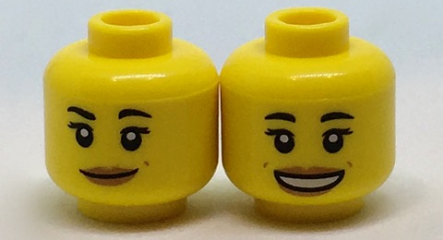 Minifigure, Head Dual Sided Female with Black Eyebrows, Medium Nougat Lips and Dimples, Neutral / Open Mouth Smile Pattern, 3626pb1829 Yellow U