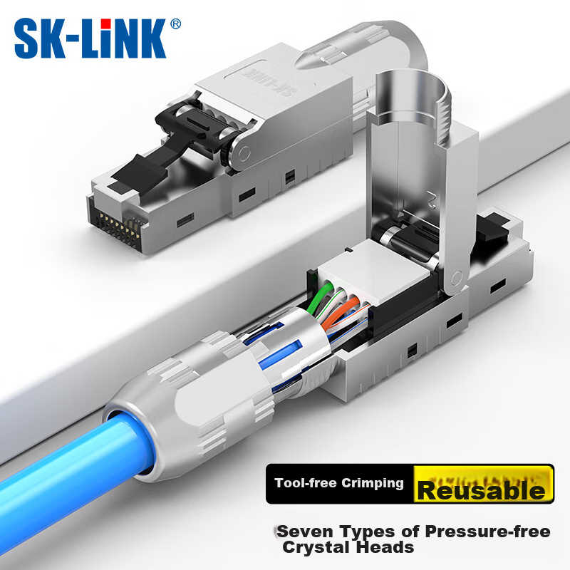 SK-LINK CAT7 Category 7 Toolless Crystal Head, Professional Grade, Unshielded RJ45 Computer Network Cable Connector, No Crimping Required, Single Pack