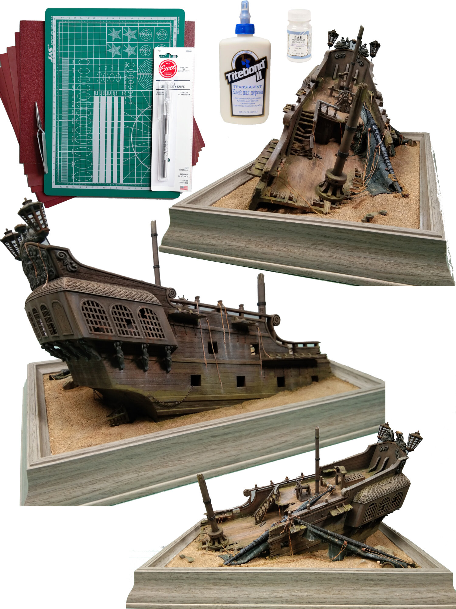Сборная модель корабля, Черная Жемчужина на дне, 330х220 мм, М.1:48, подарочный набор с инструментами, лаком и клеем