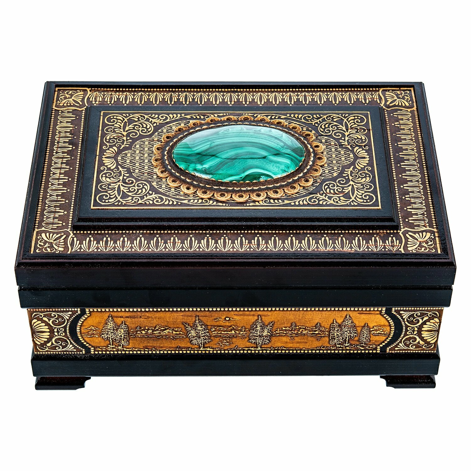 203451 Береста Шкатулка с малахитом пряиоуг 25*17*13