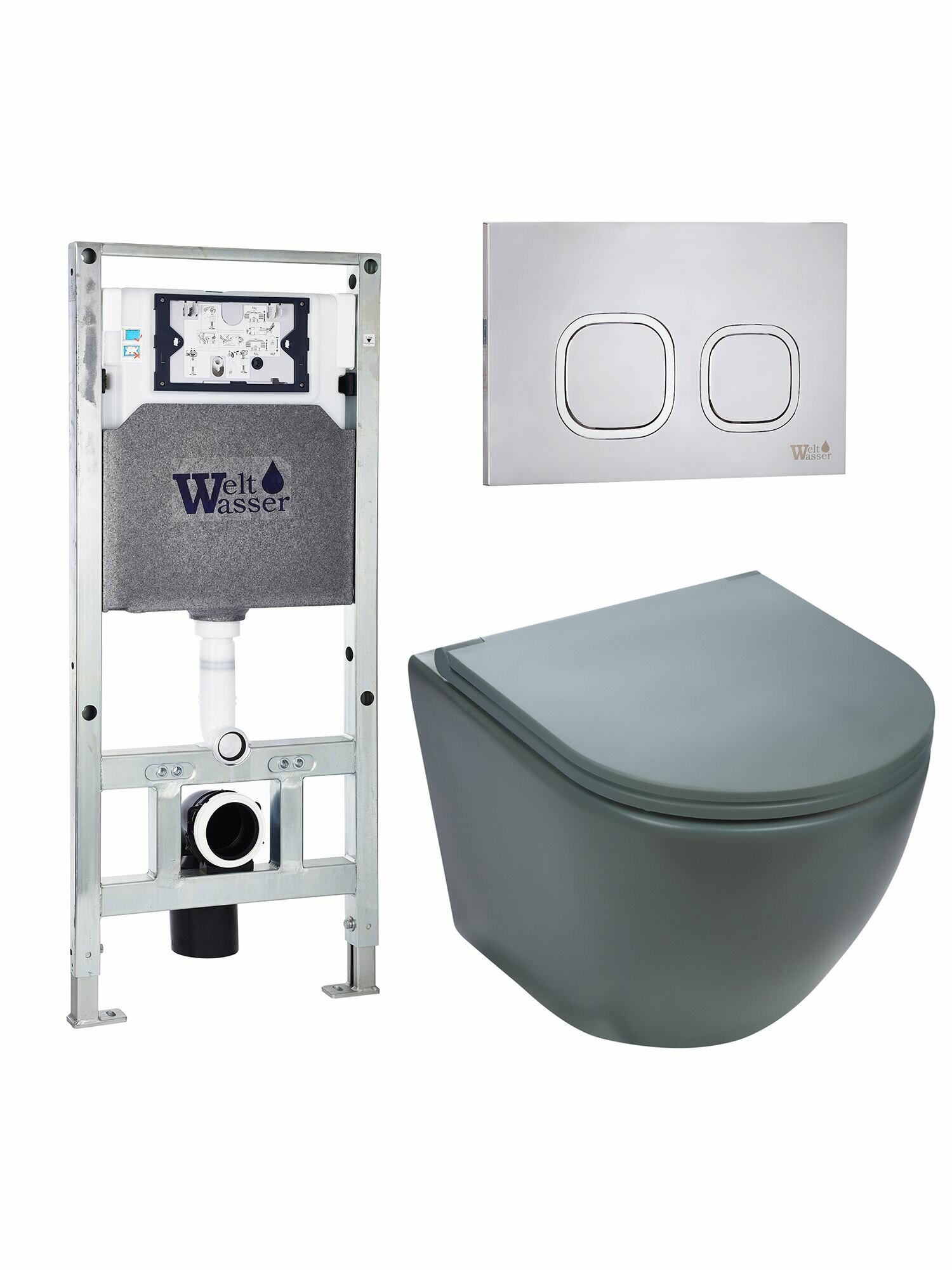 Комплект 6 в 1 WeltWasser: подвесной унитаз MERZBACH 043 MT-GR серый+кнопка смыва AMBERG RD-MT CR хром+инсталляция AMBERG 506 ST