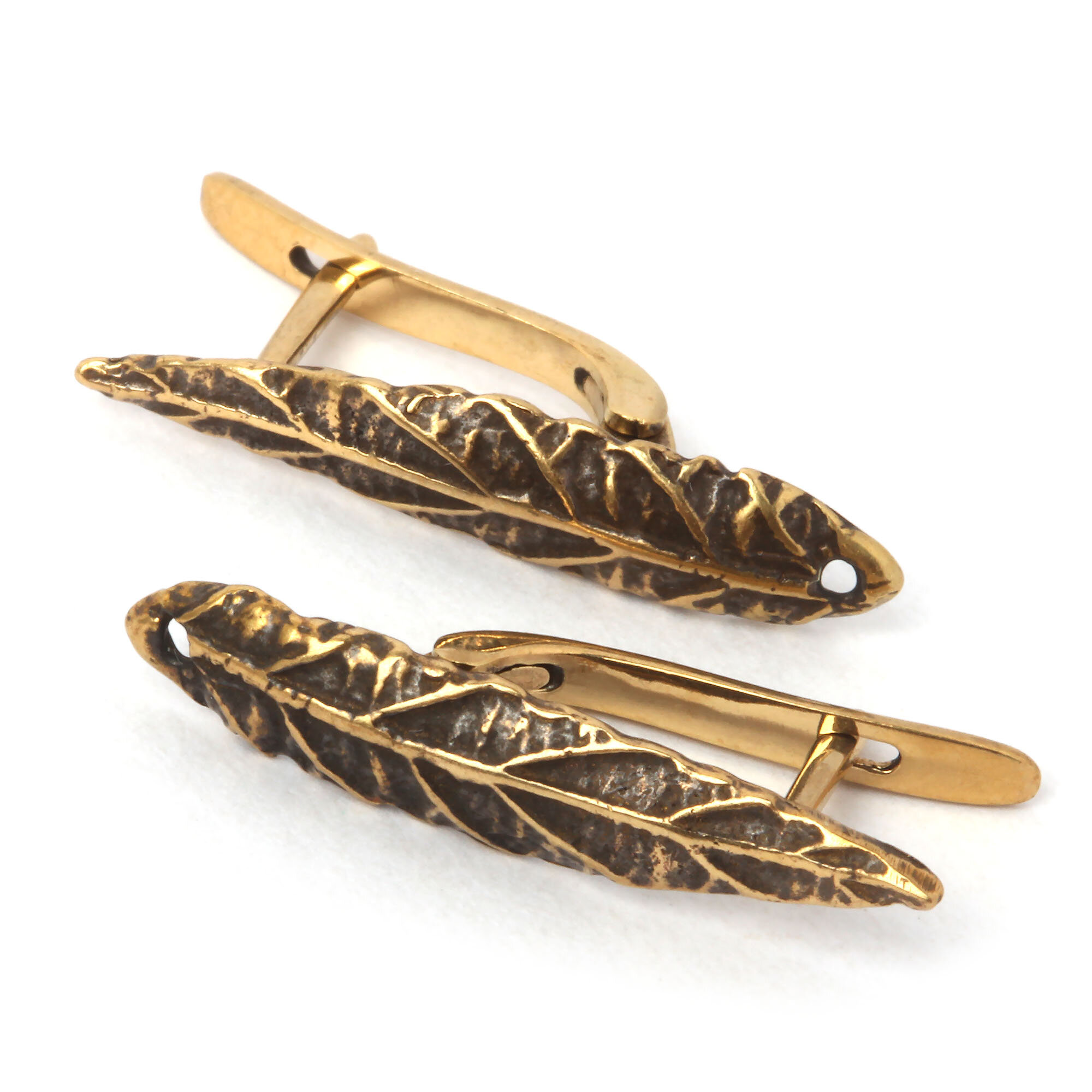 Швензы закрытые, 25.5х5мм, с английским замком, Anna Bronze, Листик узкий, базовый материал - латунь, цвет античная латунь (золотистый с чернением), пара