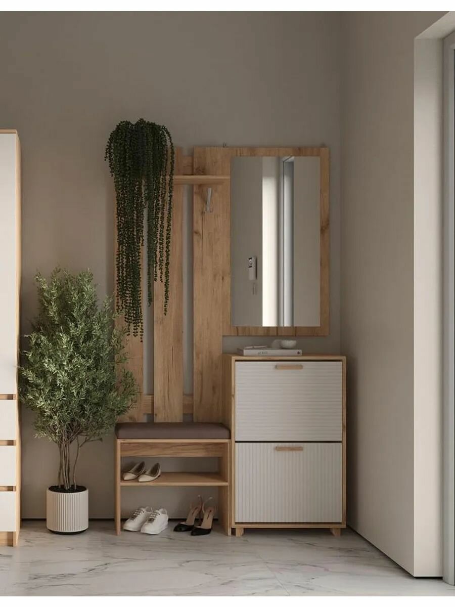 Прихожая комплект Ньерд с вешалкой, с обувницей, с зеркалом, с банкеткой, 120х30.4х210 см, Дуб Вотан / Белый