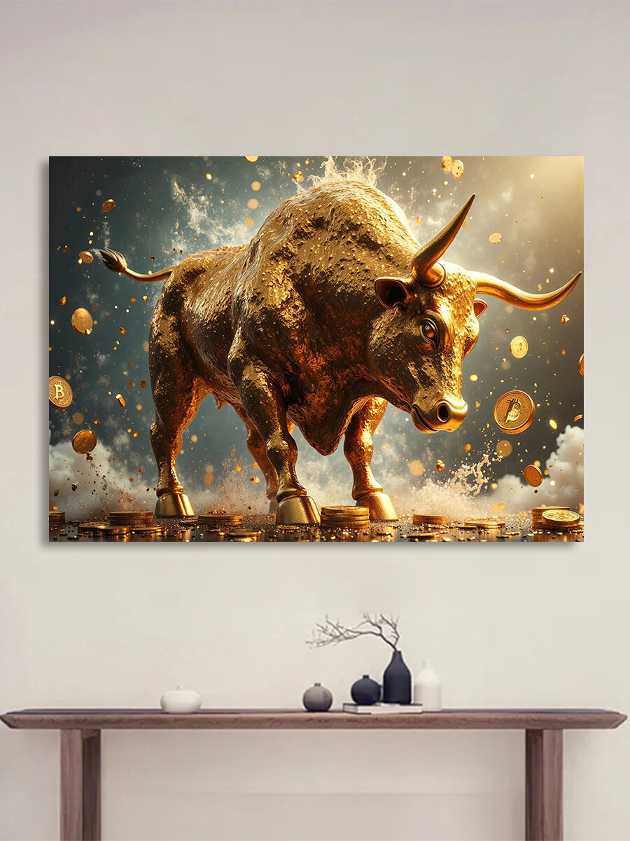 Картина интерьерная на стену - "Бык мотивация деньги в офис" , 60х80 см.