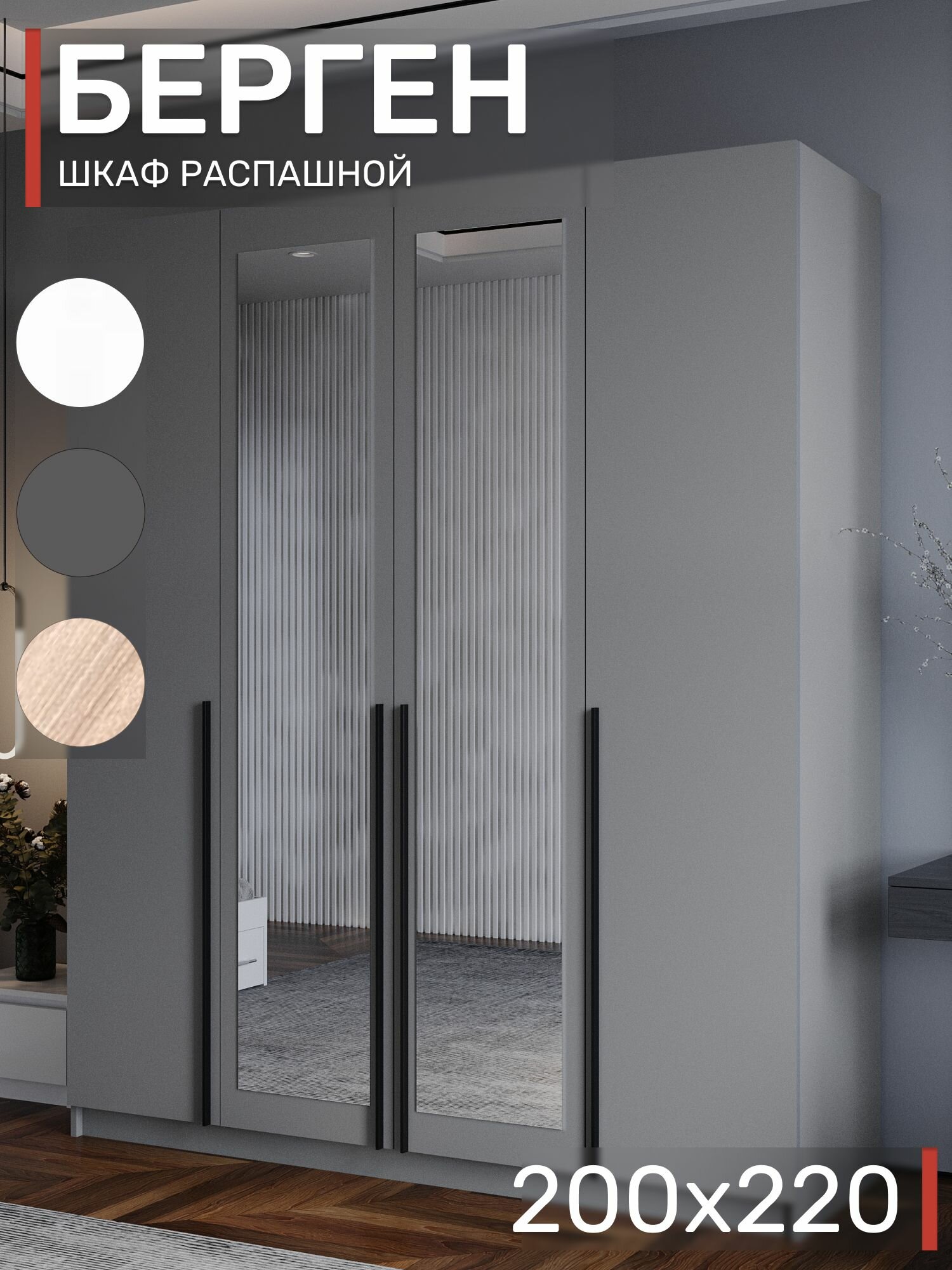 Шкаф распашной с зеркалом, Берген ШК-2000, Графит