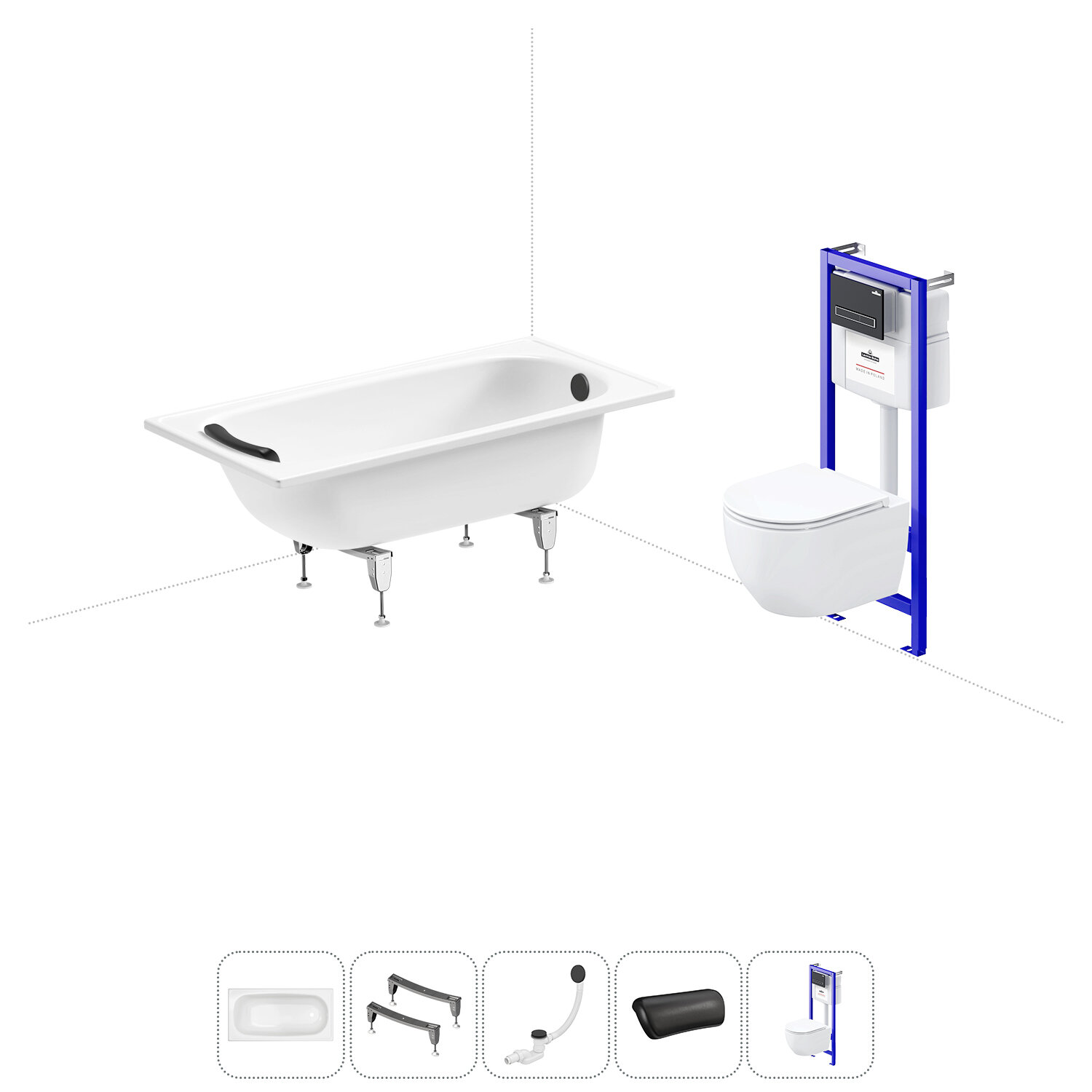 Стальная ванна 130х70 Sanitana BLB Europa 20220775R в наборе 5 в 1: металлическая ванна 130 х 70 см, ножки, слив-перелив, подголовник, инсталляция с унитазом