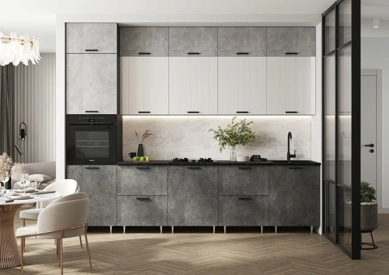 Кухня Рио NEW 3,0 Комп. №3 (Бетон светлый/Бетон темный/Белый глянец, Графит