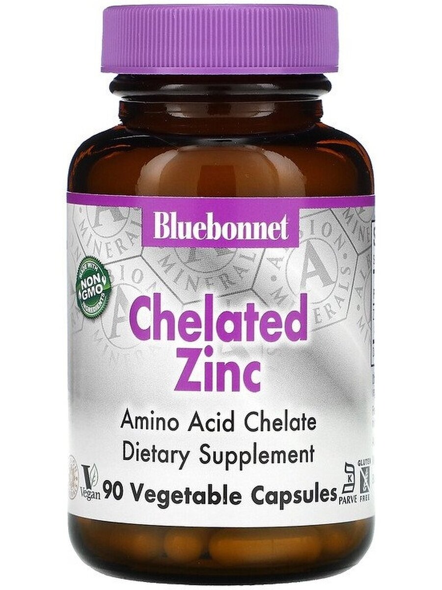 Bluebonnet Nutrition, цинк в хелатной форме, 90 растительных капсул
