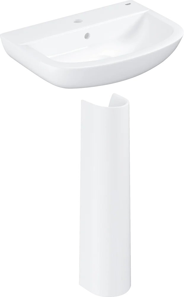 Раковина Grohe Bau Ceramic 39440000 55 с пьедесталом, 55, 3 см, фарфоровая, раковина для ванной, белая, полукруглая, со сливом-переливом