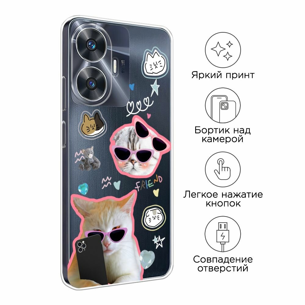 Чехол на Realme C55 / Реалми C55 с принтом "Котики в очках 2", прозрачный — фото 1