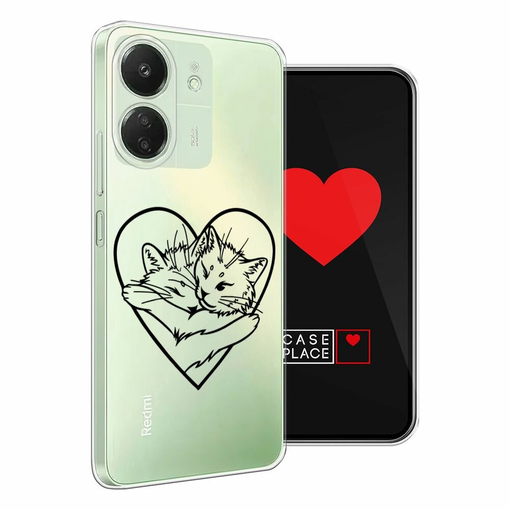 Чехол на Xiaomi Redmi 13C/Poco C65 / Сяоми Редми 13C с принтом "Влюблённые котики рисунок 3 - 14 февраля", прозрачный — фото 1