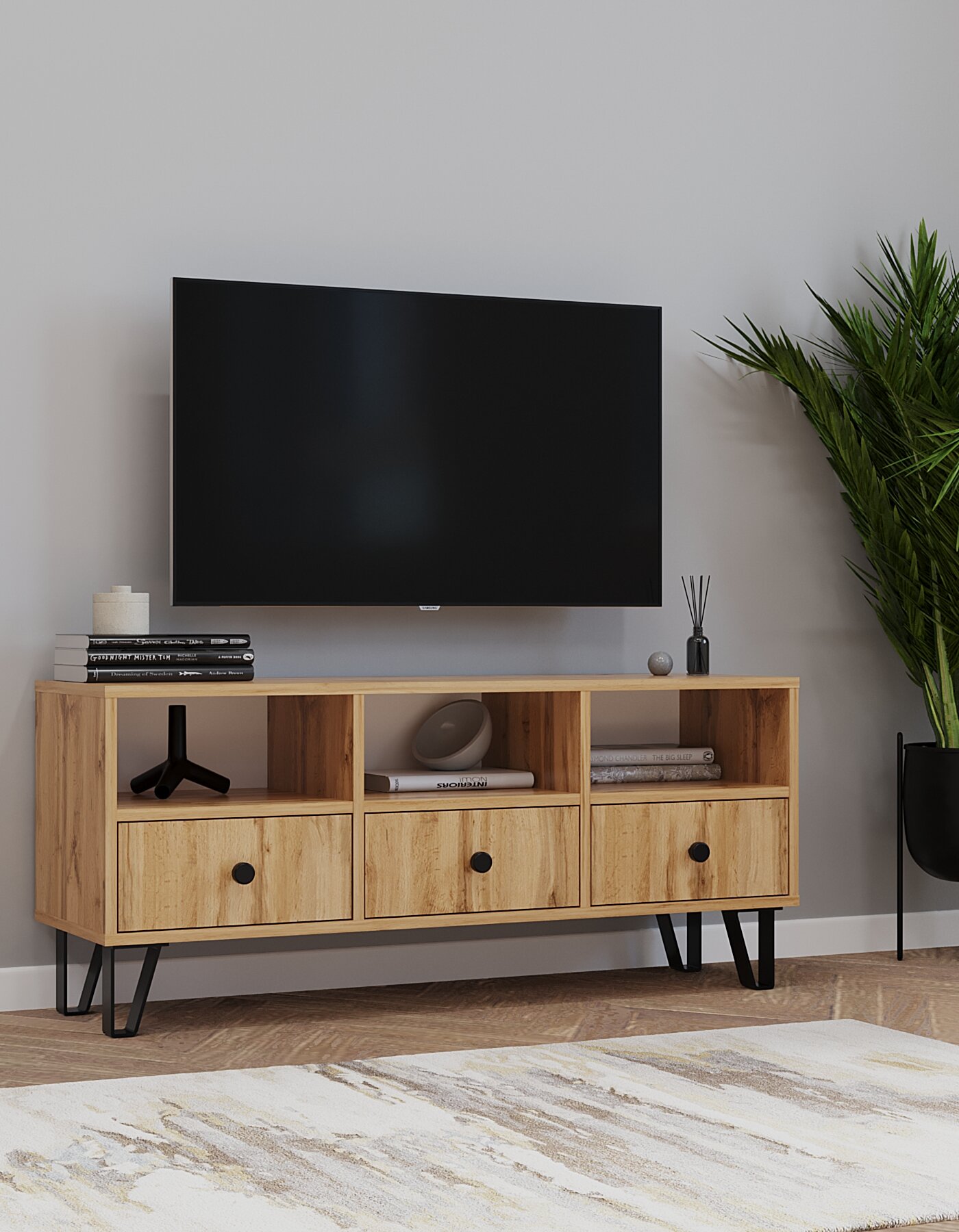 Тумба под телевизор напольная 110 см, ЛДСП, на ножках, дуб вотан