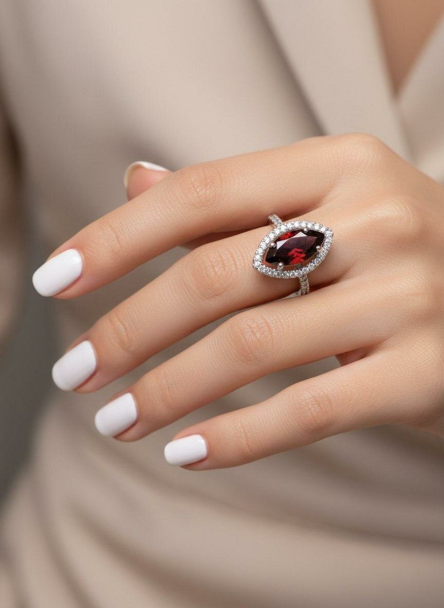 Кольцо дорожка, тонкое, серебро, 925 проба, родирование, фианит, гранат