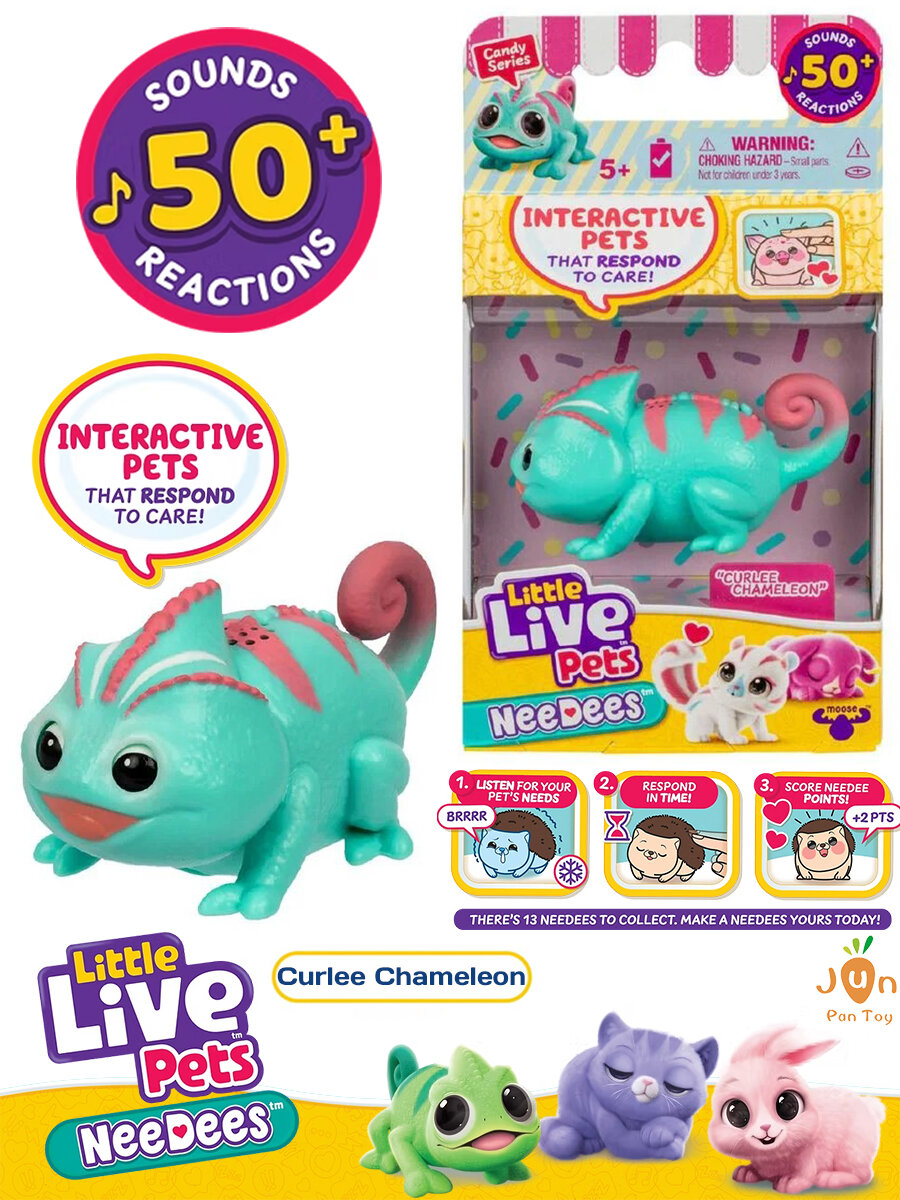 Интерактивная игрушка Moose Little Live Pets NeeDees Curlee Chameleon Toy / Детские интерактивные электронные плюшевые питомцы с более чем 50 видами звуков и реакций, подходящие для детей старше 5 лет