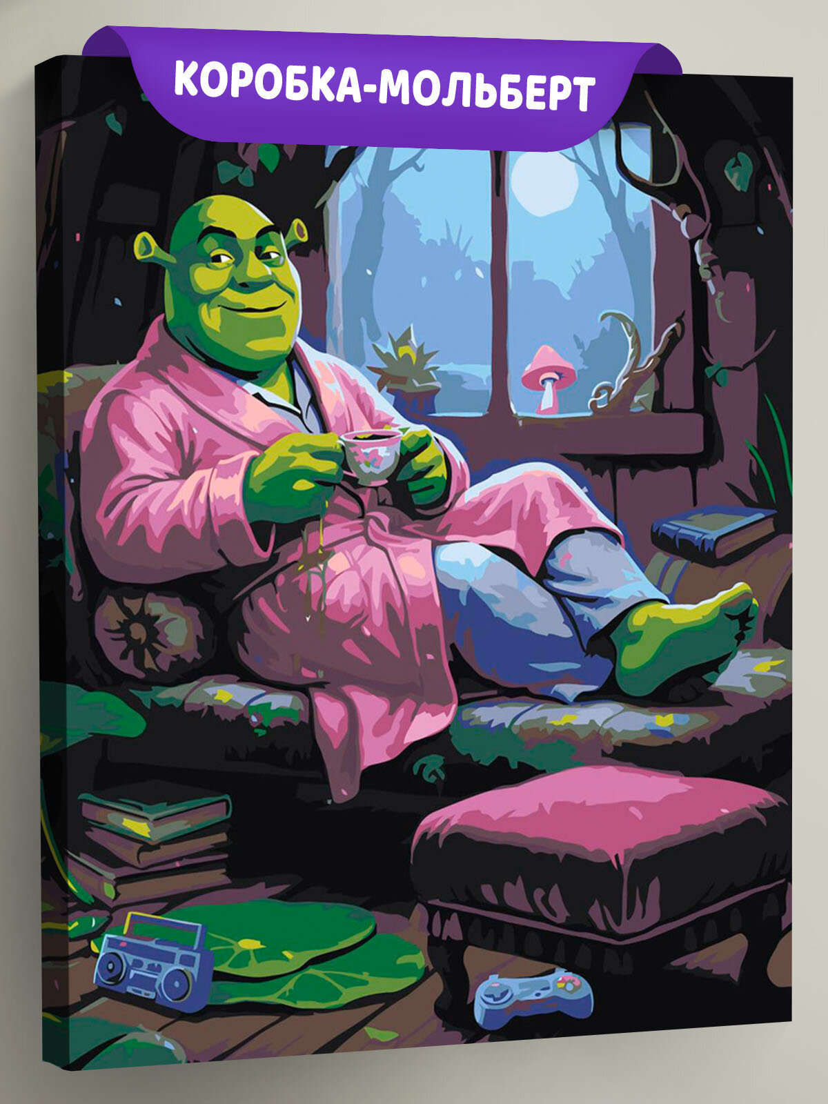 Картина по номерам на холсте с подрамником 40х50 "Шрек в розовом халате"