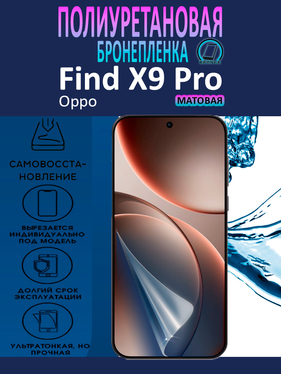 Полиуретановая бронепленка для Oppo Find X9 Pro / Защитная плёнка на экран, совместима с чехлом, с вырезом под камеру / Матовая