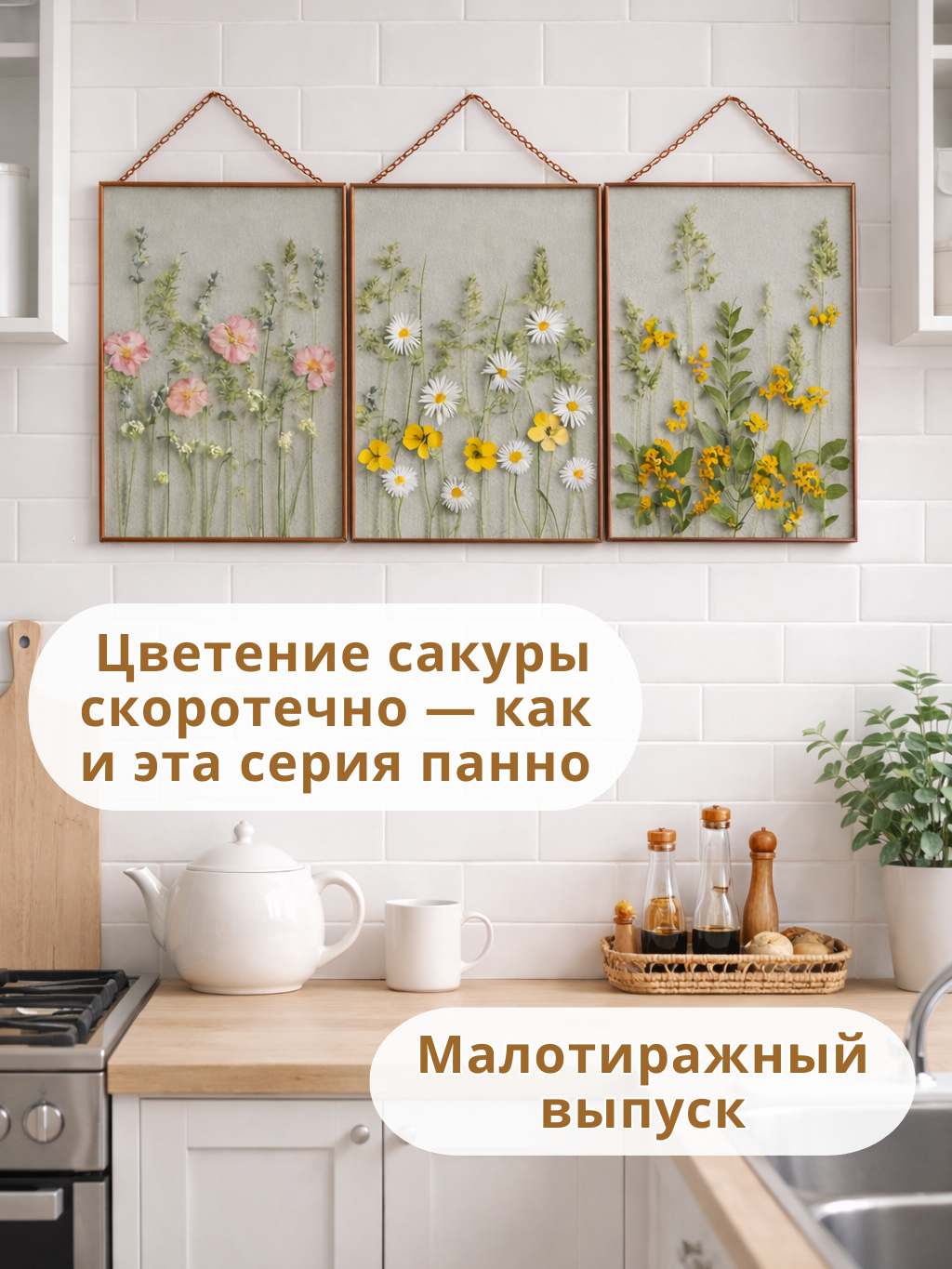 Набор интерьерных панно с сухоцветами в стекле триптих ручной работы, природный декор для дома, медная рама