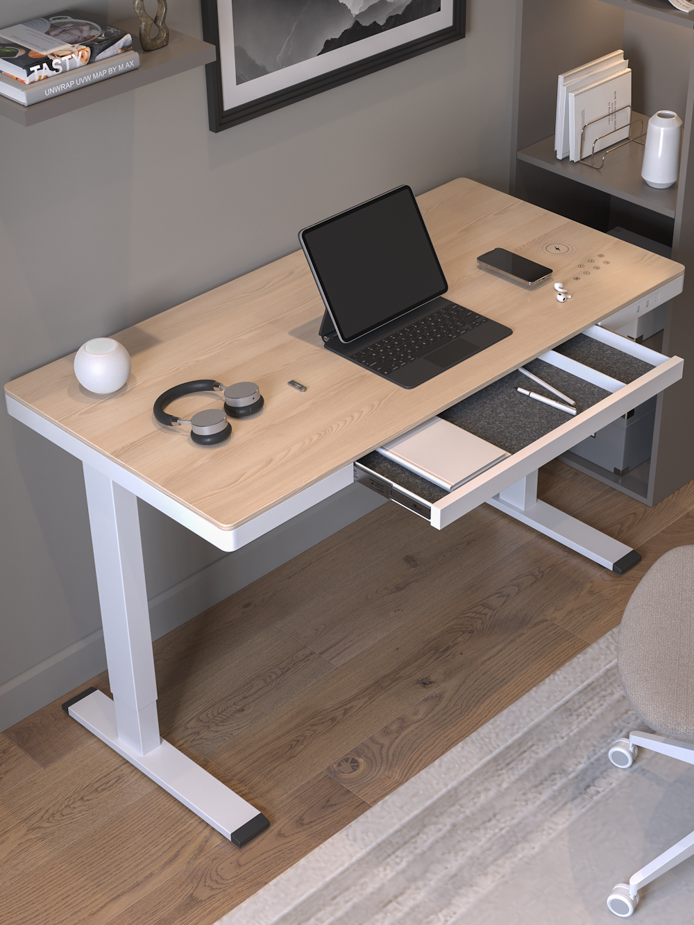 Стол компьютерный с подъемным механизмом регулируемый по высоте LEVELDESK ND, зарядка QI, USB, TYPE-C, ящик, 120х60 см