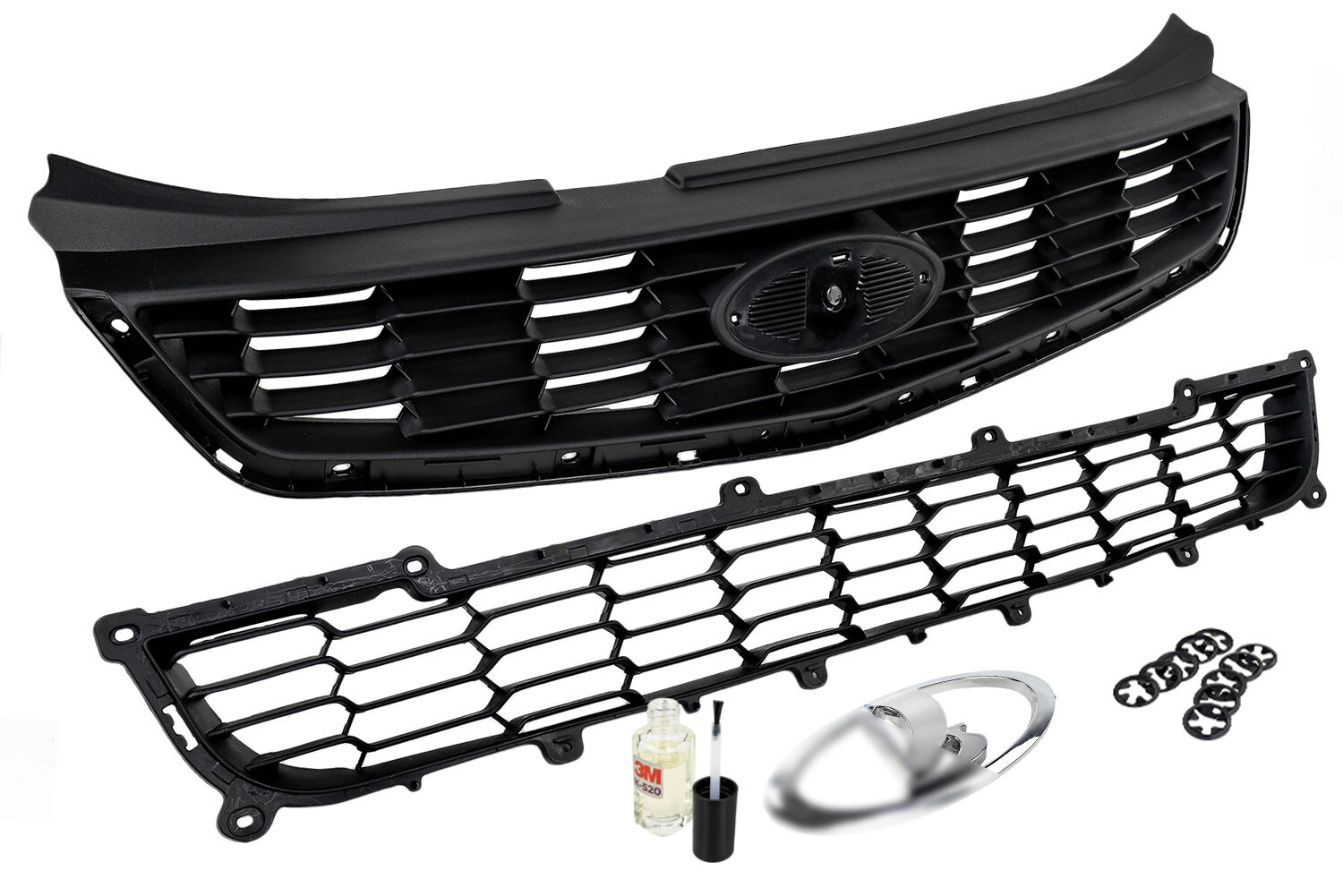 Комплект нижней и верхней решеток радиатора с заклепками, хром шильдиком и активатором адгезии для Лада Приора SE седан, Приора 2