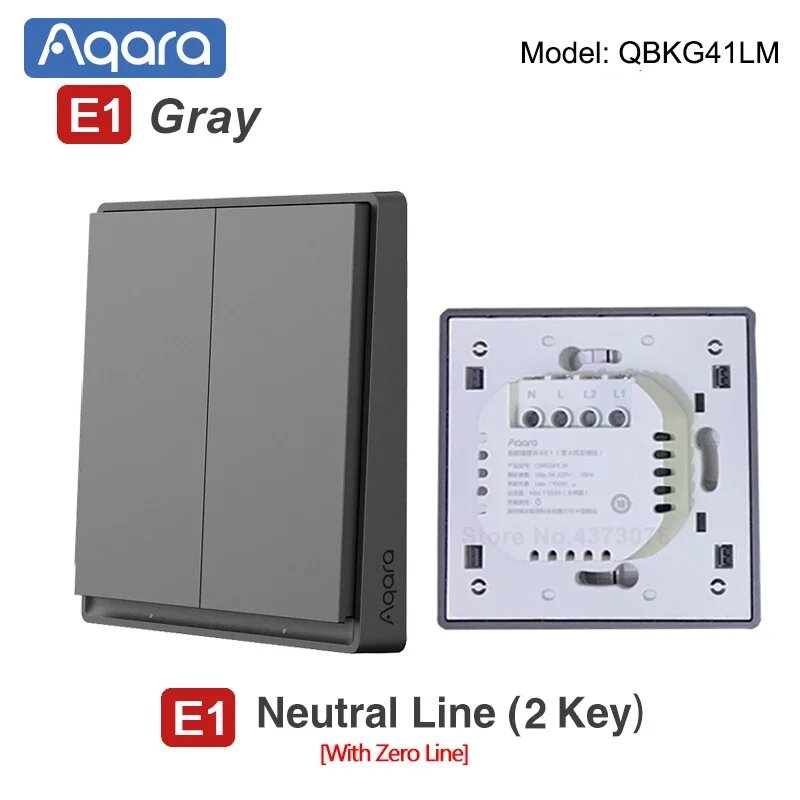 Aqara E1 Smart Switch 2 Key Gray, Neutral Line