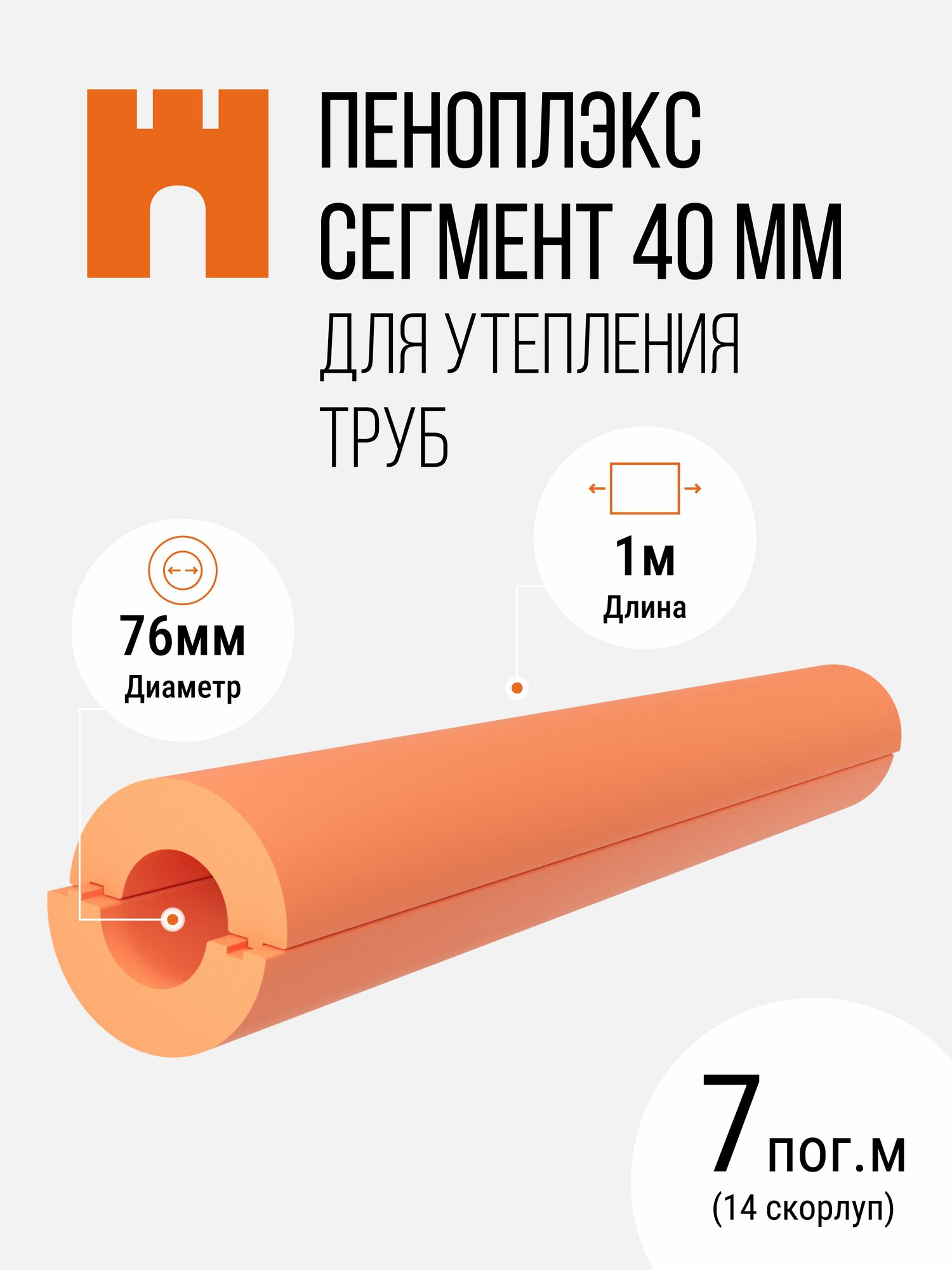 Утеплитель пеноплэкс для труб диаметром 76мм, скорлупа XPS 40мм, 7 пог. м, 14 скорлуп