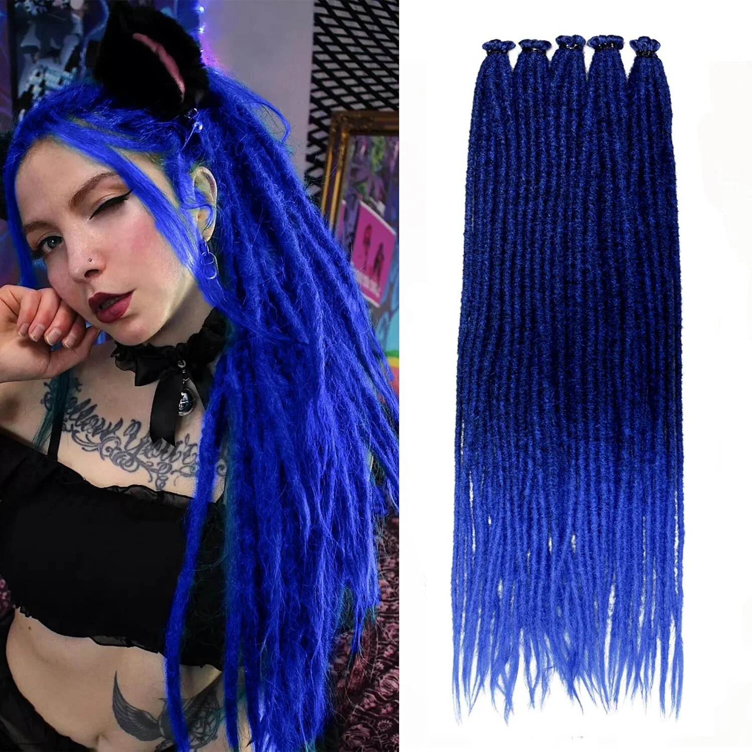 Синие дреды 24 дюйма, 5 прядей, Цвет: 1B-Blue
