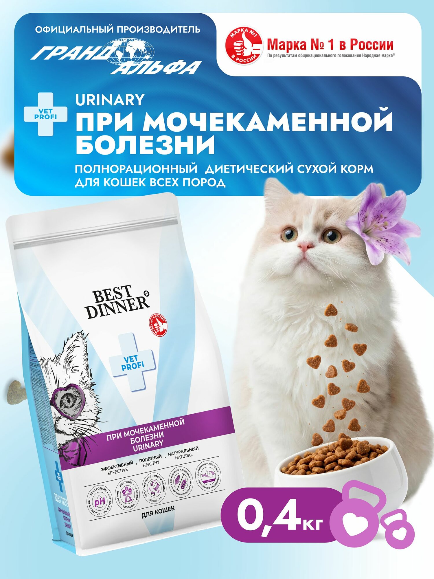 Корм сухой диетический супер премиум класса Vet Profi Urinary для кошек любых пород при мочекаменной болезни, 0,4 кг Best Dinner (Бест Диннер)