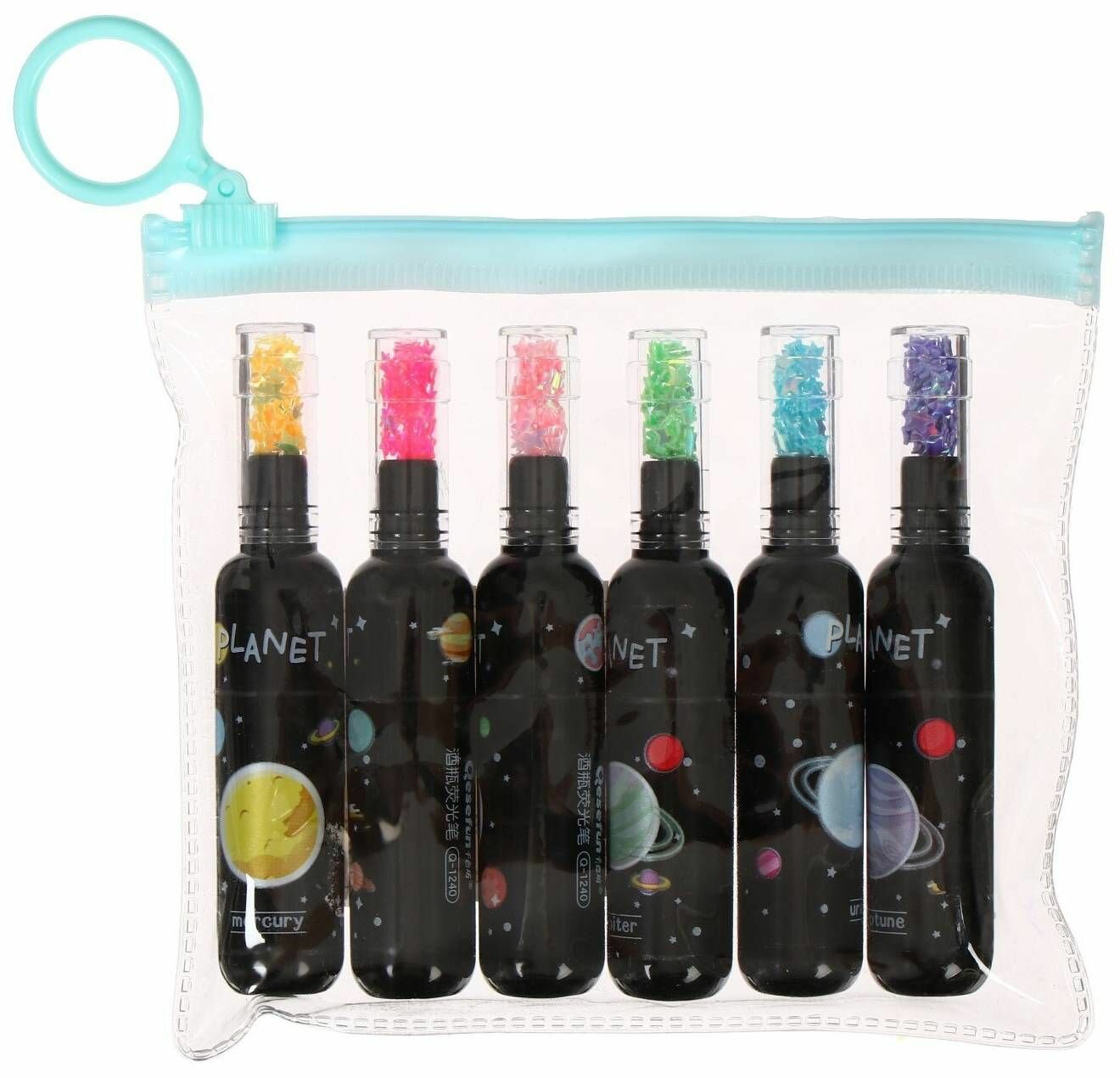 Набор водных маркеров-текстовыделителей "Бутылочка. Планеты" для школы, цветные фломастеры для рисования и творчества, скошенный наконечник, 6 цветов, мини