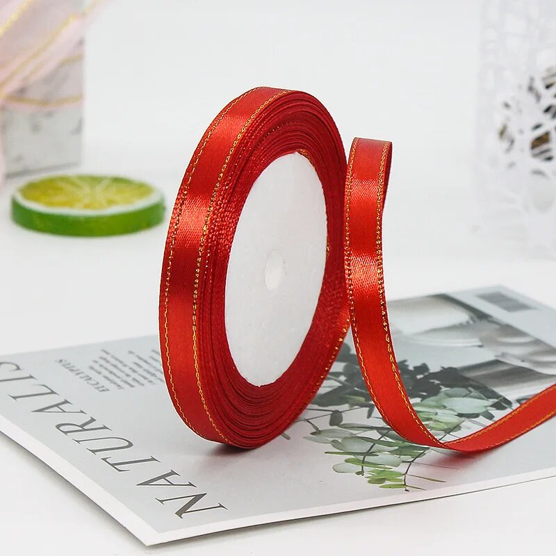 Атласная лента с золотым краем 25 ярдов Красный, 26, 20mm