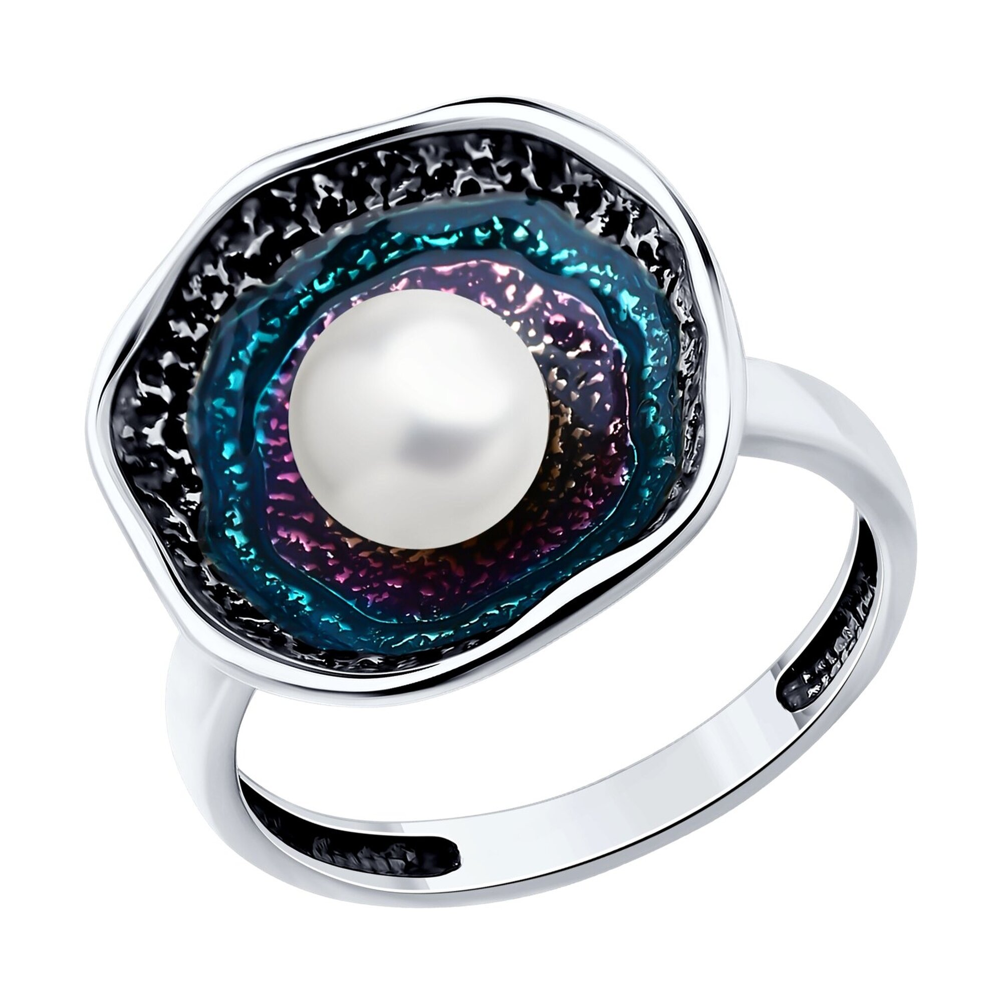 Кольцо, серебро, 925 проба, чернение, эмаль, жемчуг