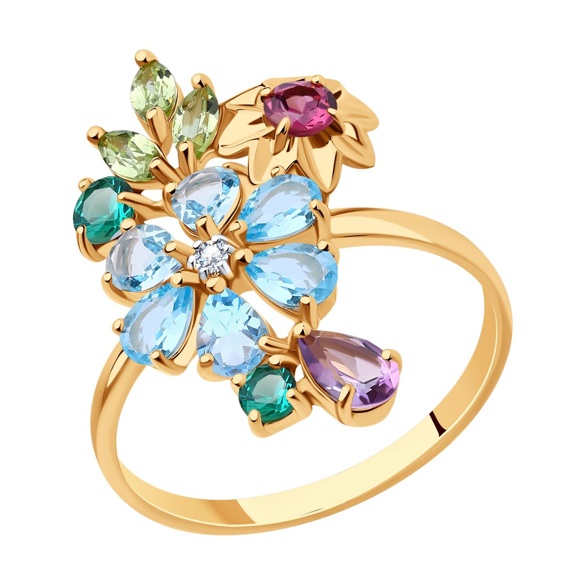 Кольцо, красное золото, 585 проба, родолит, хризолит, фианит, топаз, турмалин, аметист