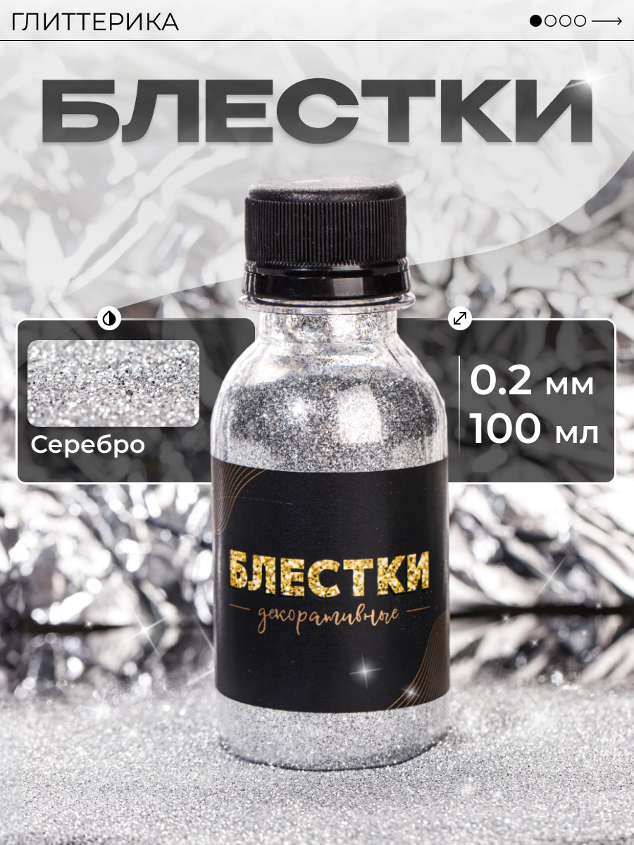 Глиттер блестки для декора и творчества 100 гр. серебряные 0.2 мм глиттерика 100 мл