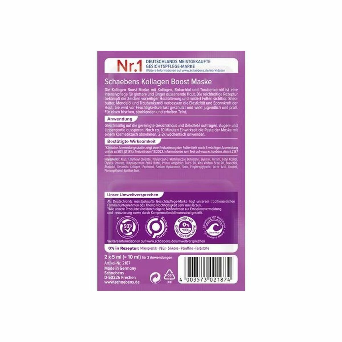 Маска для лица Schaebens, с коллагеном, 2x5 мл, 1 шт