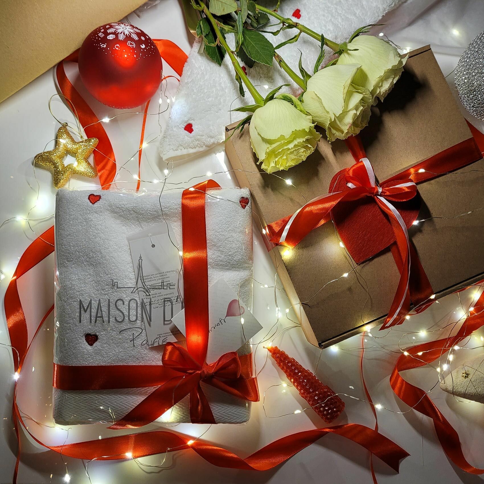 Полотенце с сердечками Maison Dor LOVE любовь (белое с красными сердечками, крафт v1) 50х100, авторский подарок на день святого Валентина