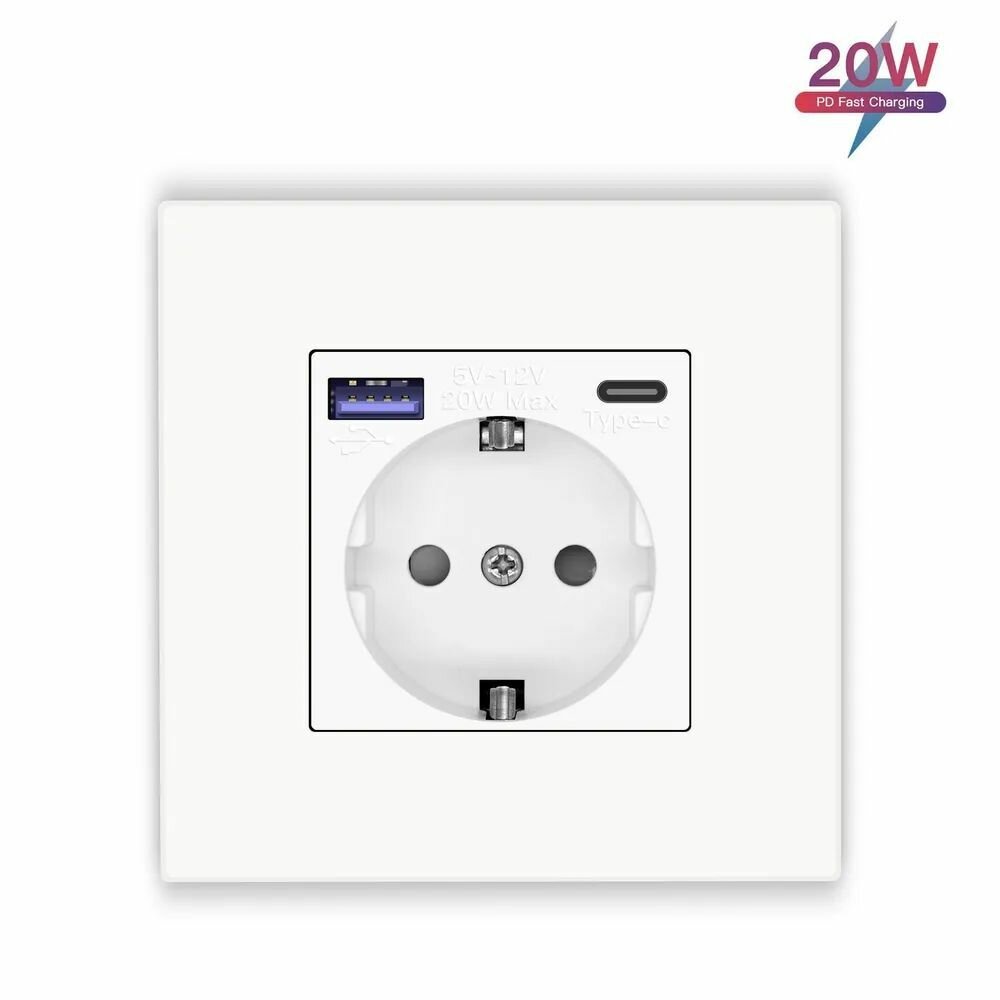 Розетка электрическая 1 пост с Usb/Type-C АC, быстрая зарядка 20W, рамка пластик, цвет белый