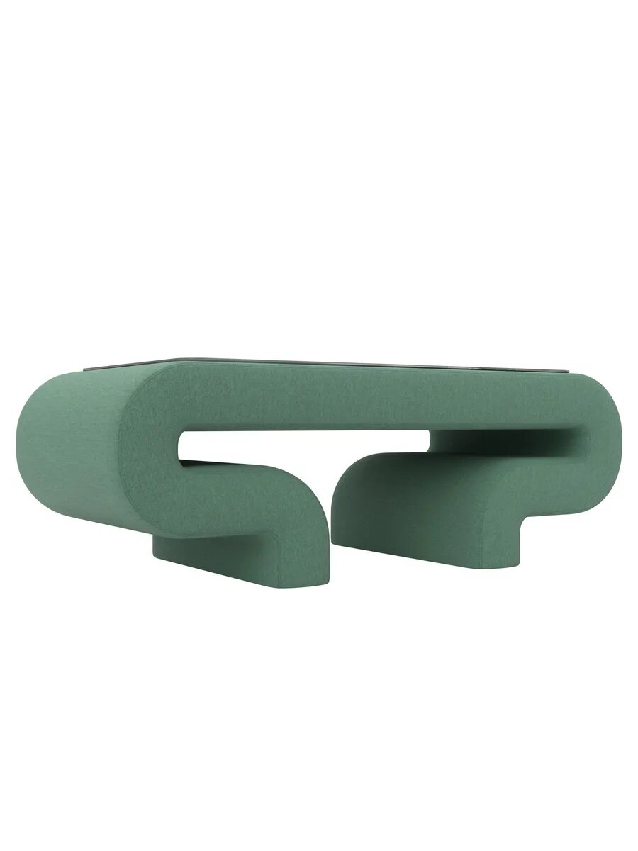 Стол интерьерный Дафна (ШхГхВ) 146х64х54, стеклянная столешница, обивка зеленый рогожка