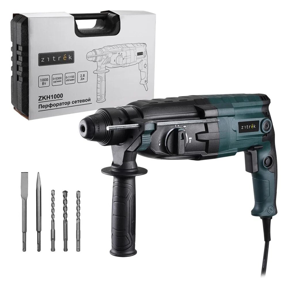 Перфоратор сетевой Zitrek ZKH1000 в кейсе, с набором из 5 буров, 1000 Вт 085-1302, 1000 в