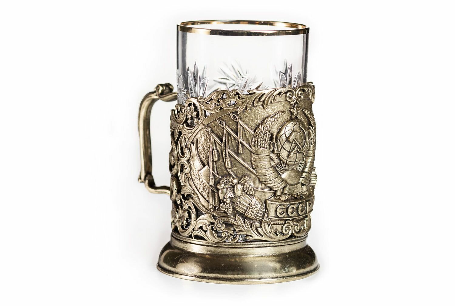 Подстаканник герб с флагами СССР и хрустальный стакан в подарочной коробке. Ручное литье Россия.