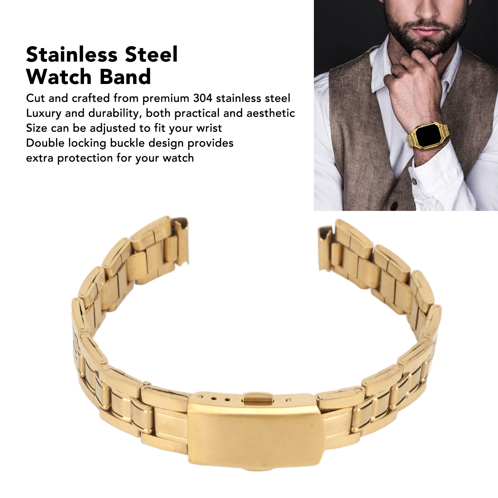 Ремешок для часов из нержавеющей стали, быстросъемный двойной замок, сменная пряжка, металлический ремешок для часов для мужчин и женщин, золотой 16 мм/0,63 дюйма