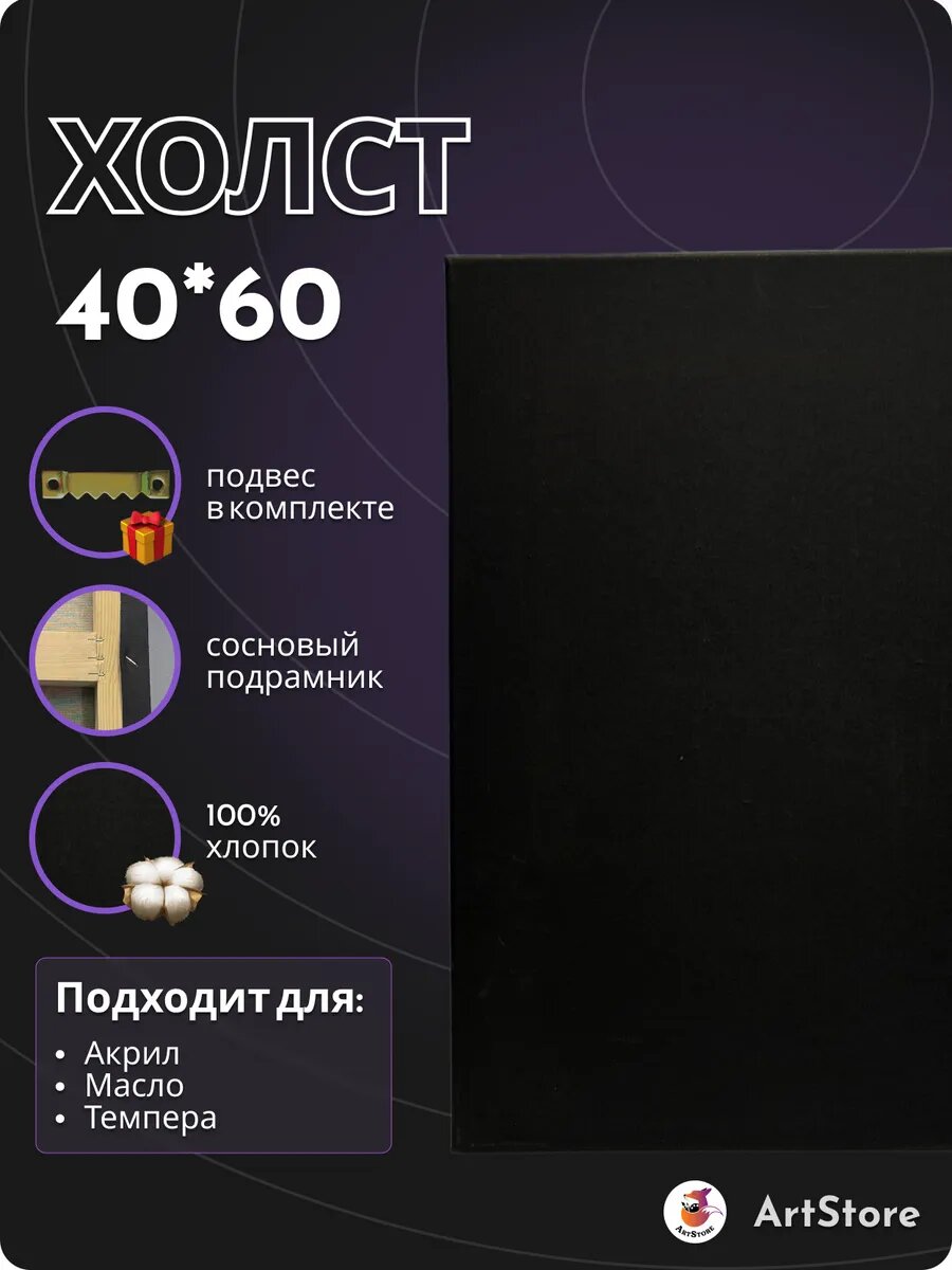 Холст 40х60 черный хлопковый на подрамнике, среднее зерно