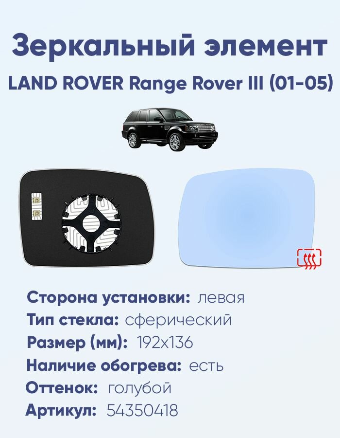 Зеркальный элемент левый LAND ROVER Range Rover III (01-05) сфера голубой с обогревом
