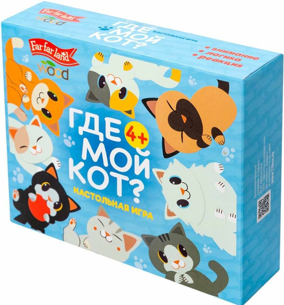 Деревянная настольная игра "Где мой кот?" для детей и для всей семьи, на поиск совпадений, внимание и реакцию, в наборе 28 фишек из дерева и 3 кубика