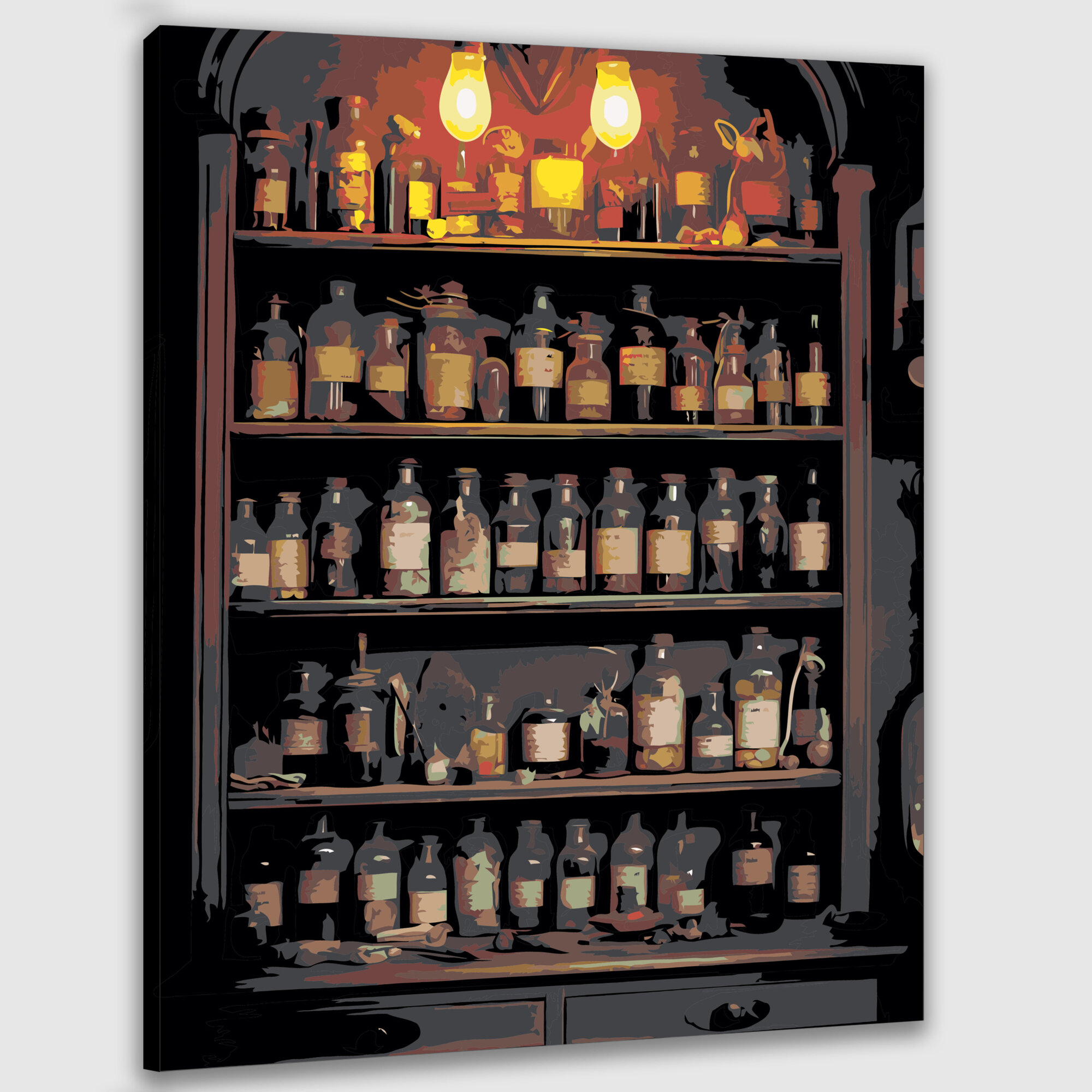 Картина по номерам 40x50 см, фотография, антикварная аптечная полк, стеклянные бутылки, баночки, ингредиенты