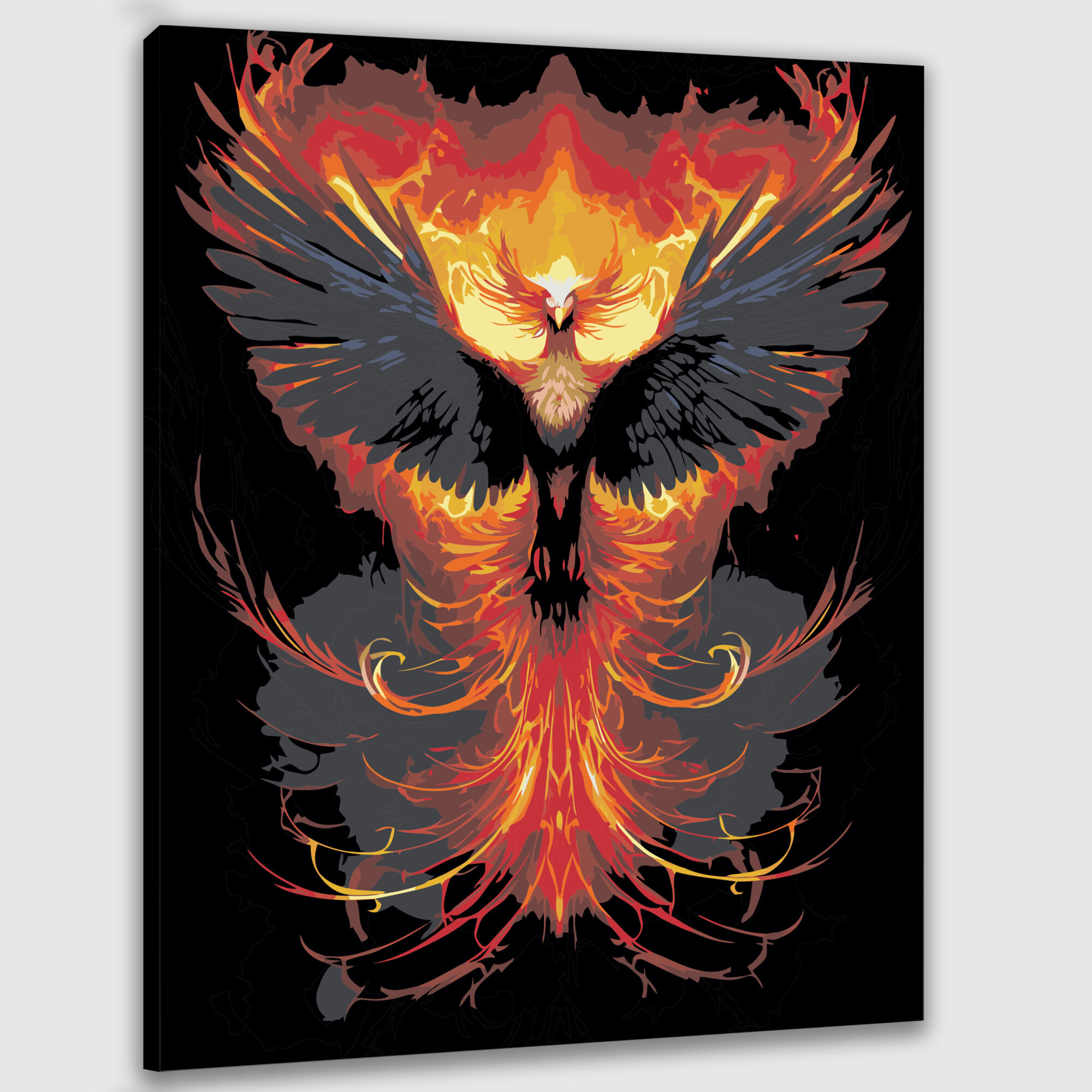 Картина по номерам 40x50 см, феникс, перья, красный, оранжевый, золотой, мифическая птица, крылья, небо, сияние