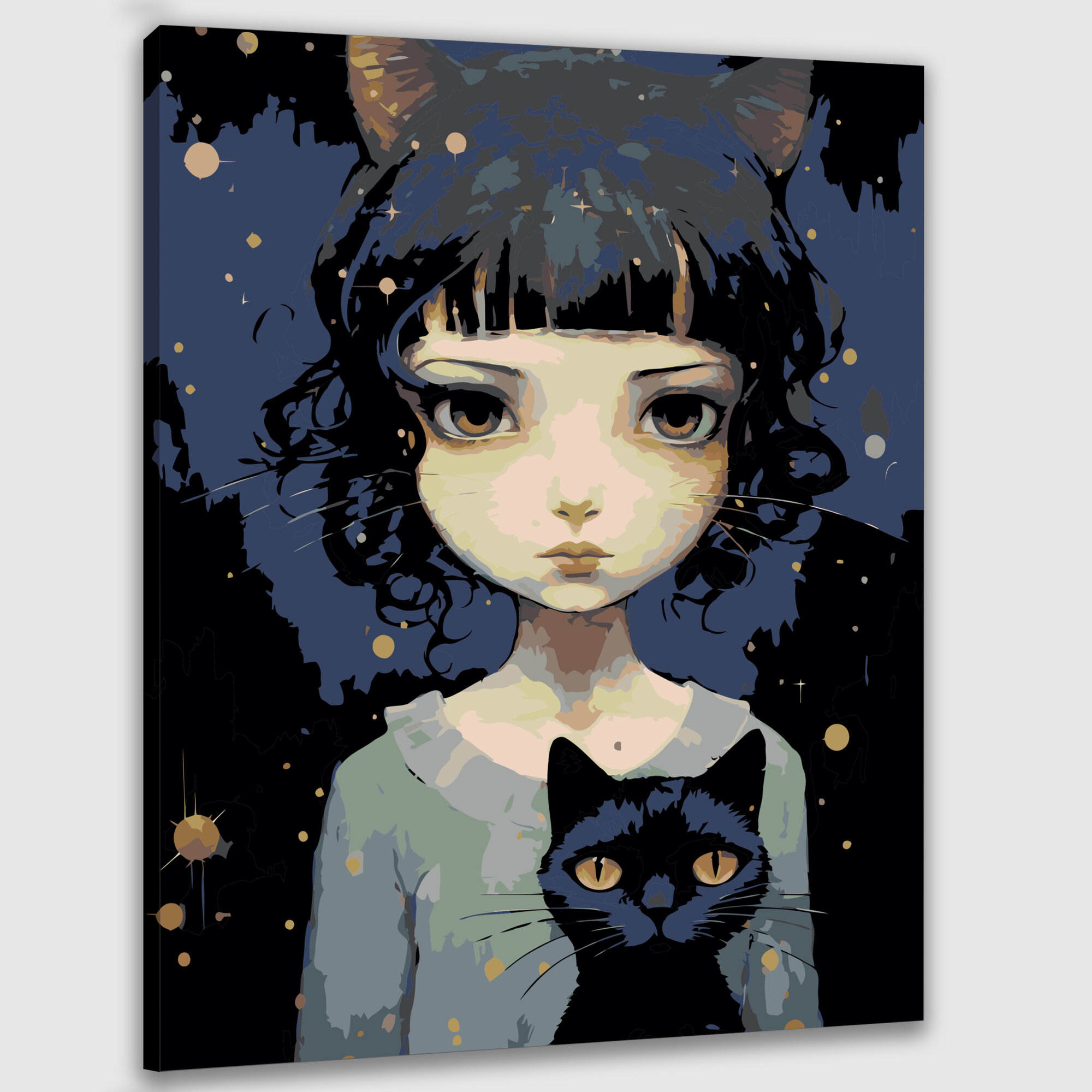 Картина по номерам 40x50 см, девушка, кошачья голова, звездное ночное небо, Млечный путь, благоговение, таинственность