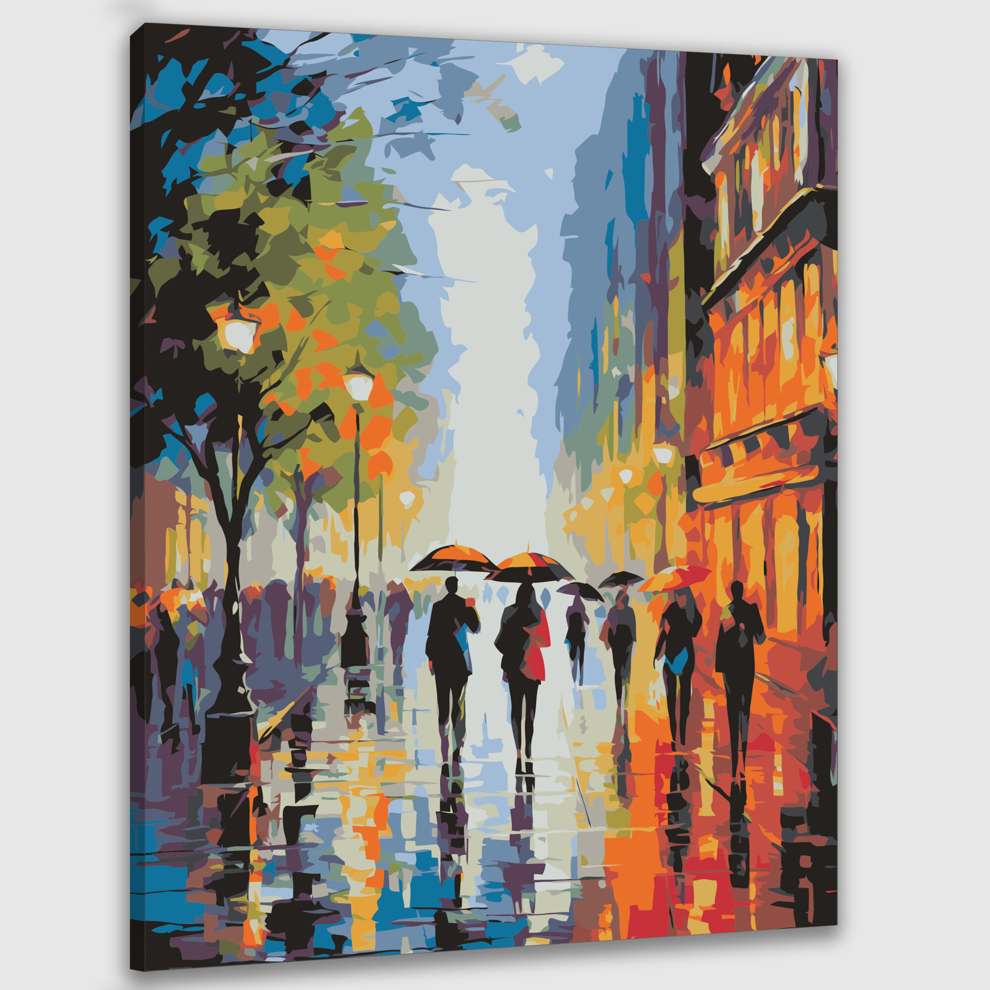 Картина по номерам 40x50 см, городская улица, дождь, зонтики, отблески на тротуаре, яркие цвета, энергичные мазки кисти