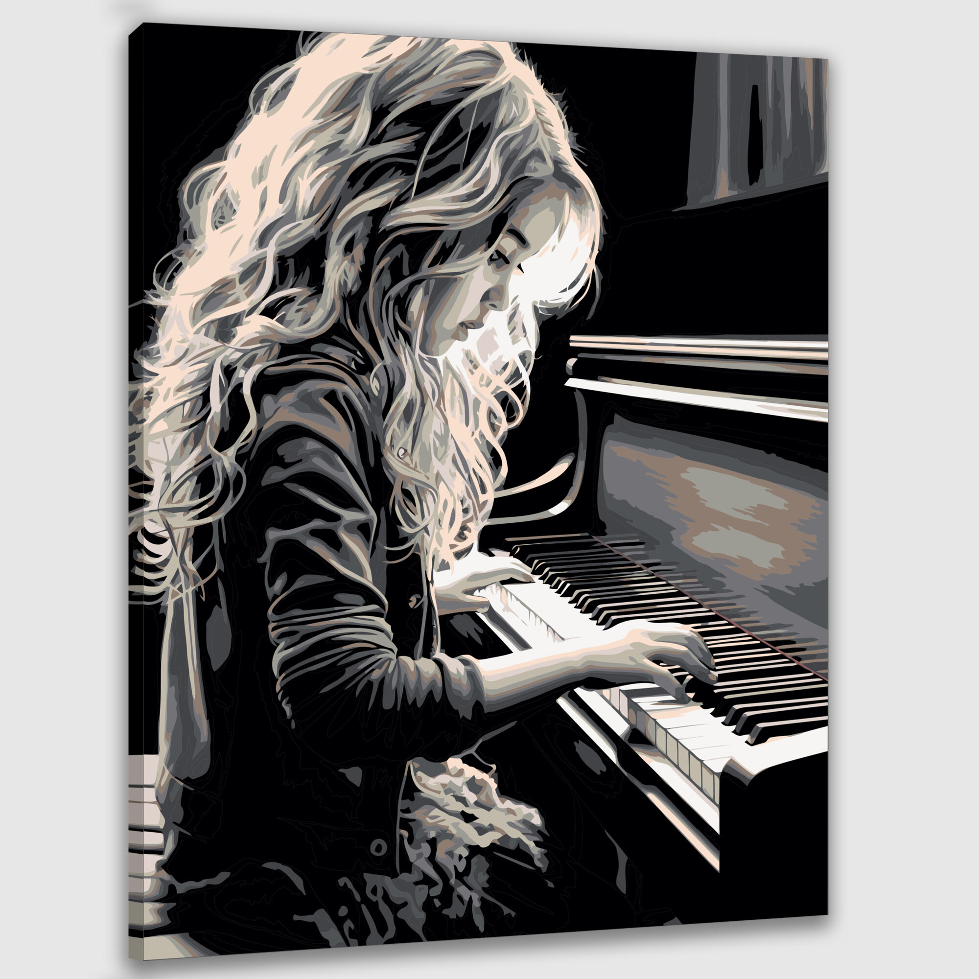 Картина по номерам 40x50 см, молодая девушка, рояль, игра, лицо, напряжение, сосредоточенность, пальцы, нажимать